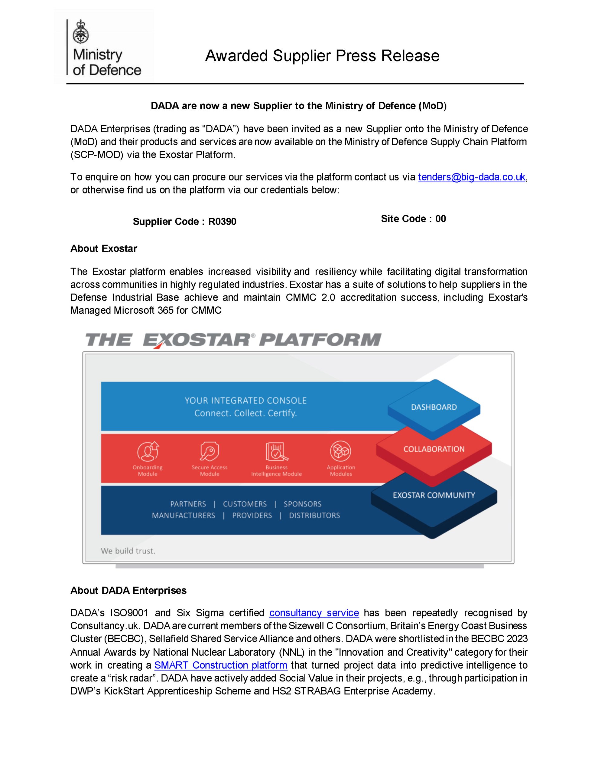 DADA now a Supplier by the Ministry of Defence (MoD) – Dada Enterprises
