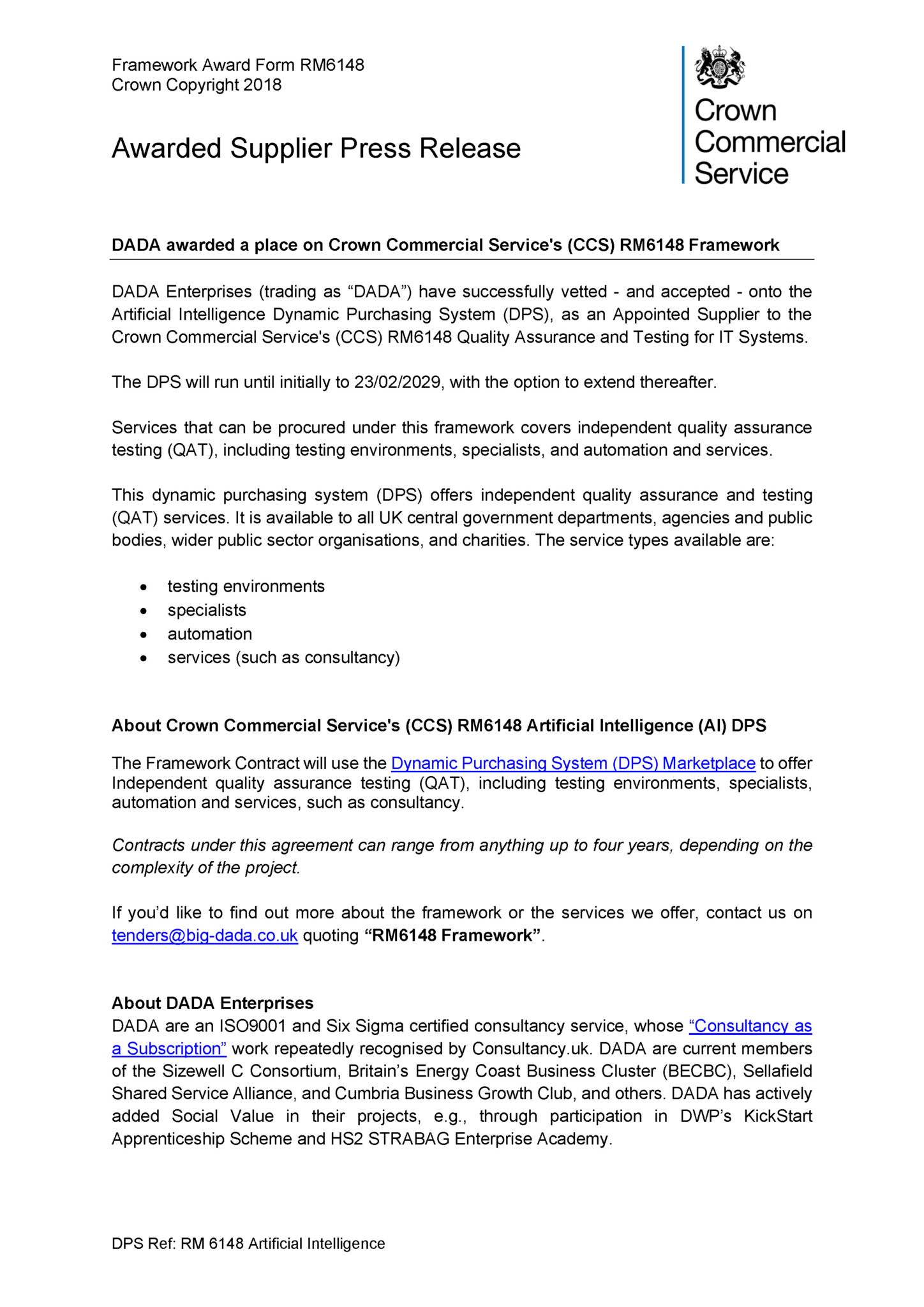 DADA appointed to CCS’ RM6148 Quality Assurance and Testing for IT ...